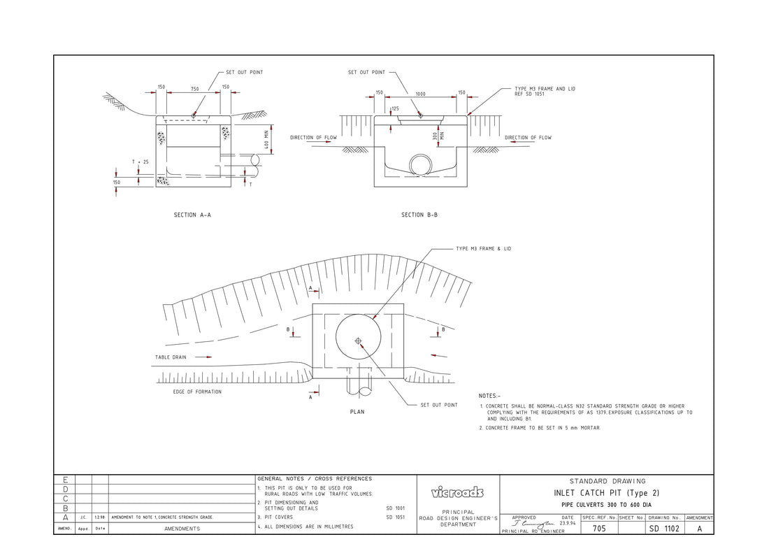 SD-1102 - Inlet Catch Drain Type 2 - Pipe Culverts 300 to 600 Dia