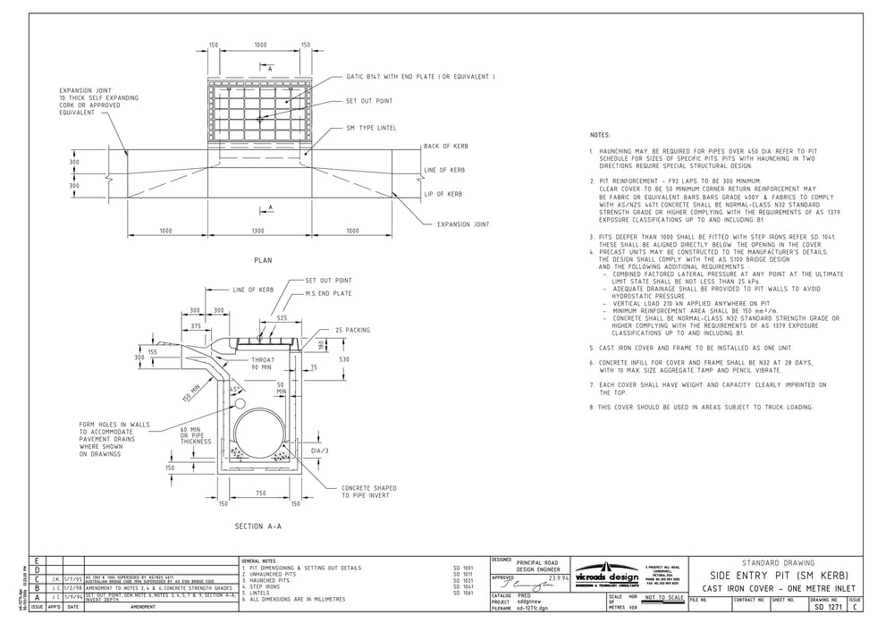 SD-1271 - Side Entry Pit - SM Type Kerb - Cast Iron Cover - 1.0m Inlet