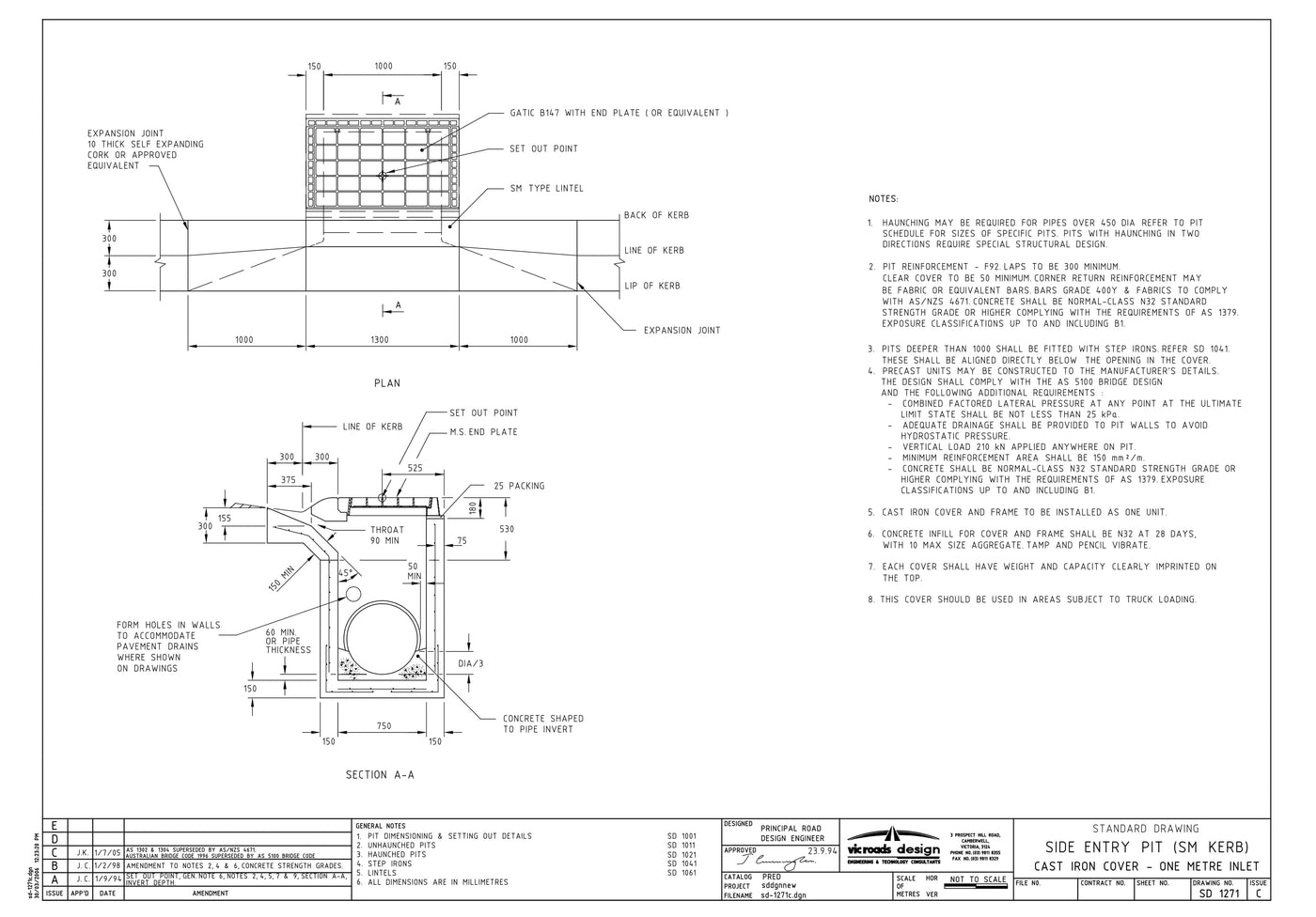 SD-1271 - Side Entry Pit - SM Type Kerb - Cast Iron Cover - 1.0m Inlet