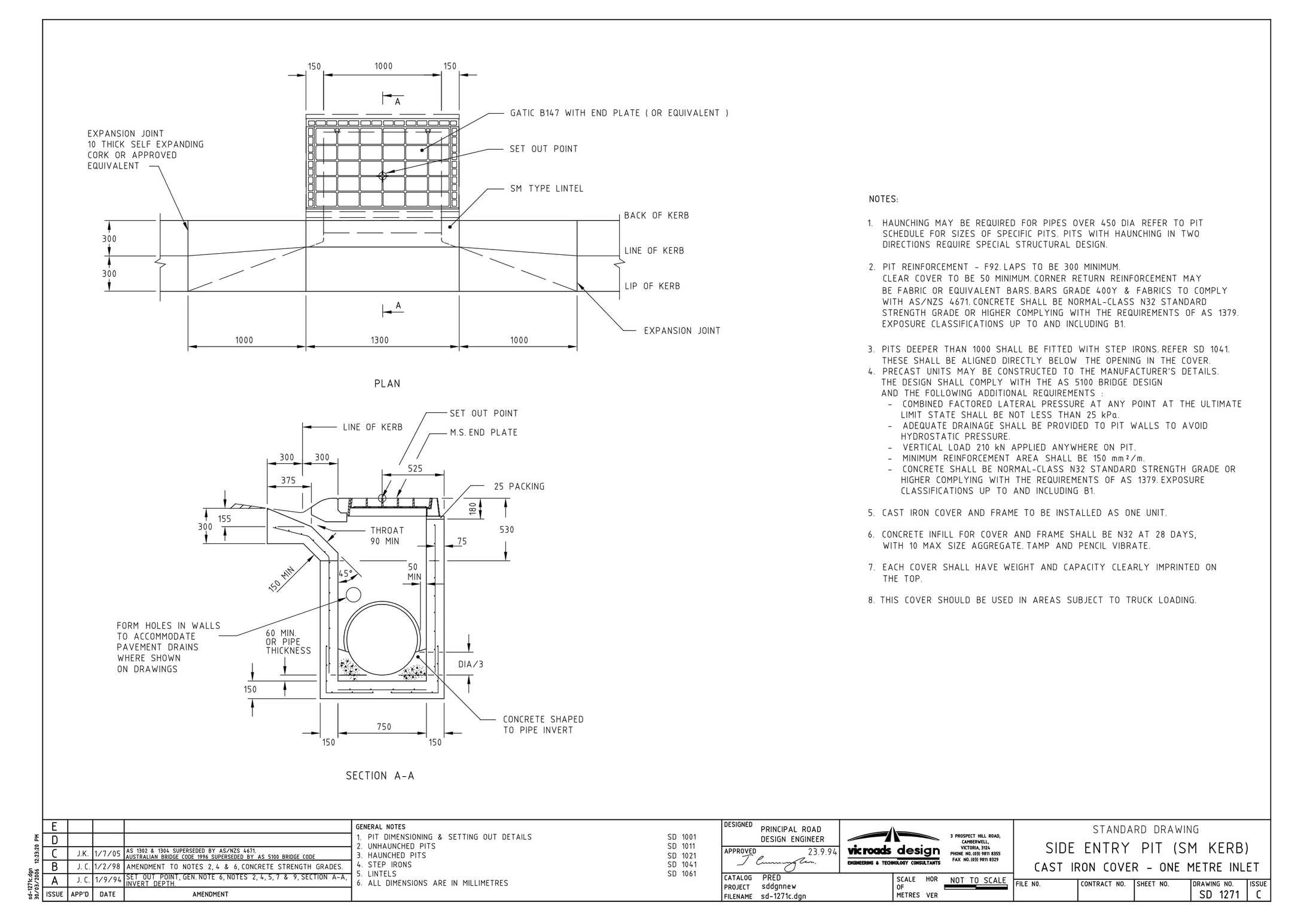 SD-1271 - Side Entry Pit - SM Type Kerb - Cast Iron Cover - 1.0m Inlet