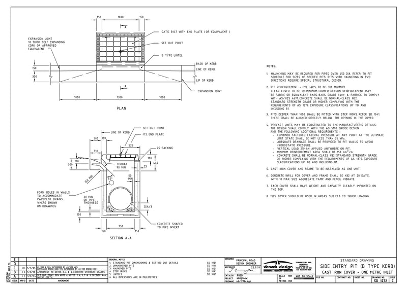 SD-1272 - Side Entry Pit - B Type Kerb - Cast Iron Cover - 1.0m Inlet