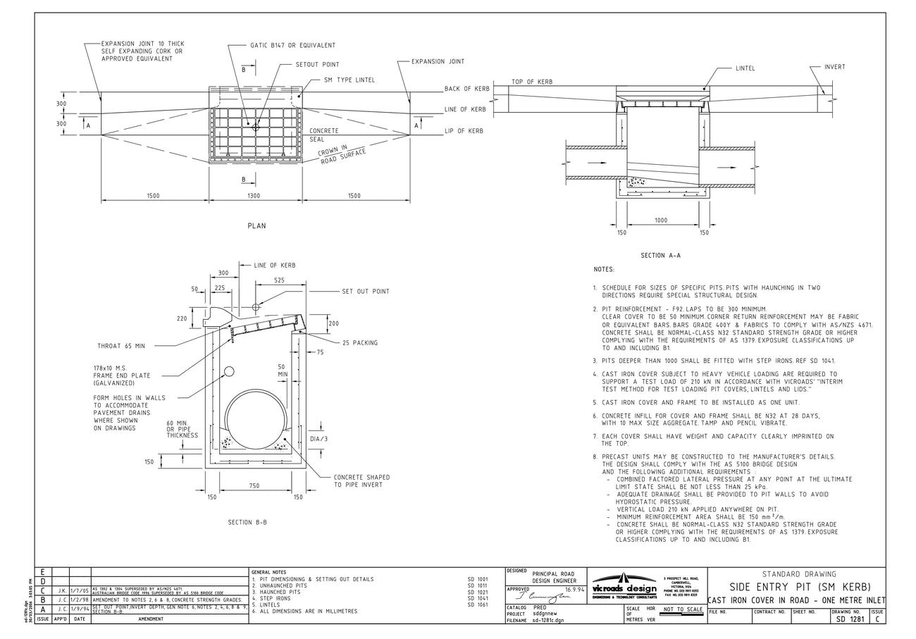 SD-1281 - Side Entry Pit - SM Type Kerb - Cast Iron Cover in Road - 1.