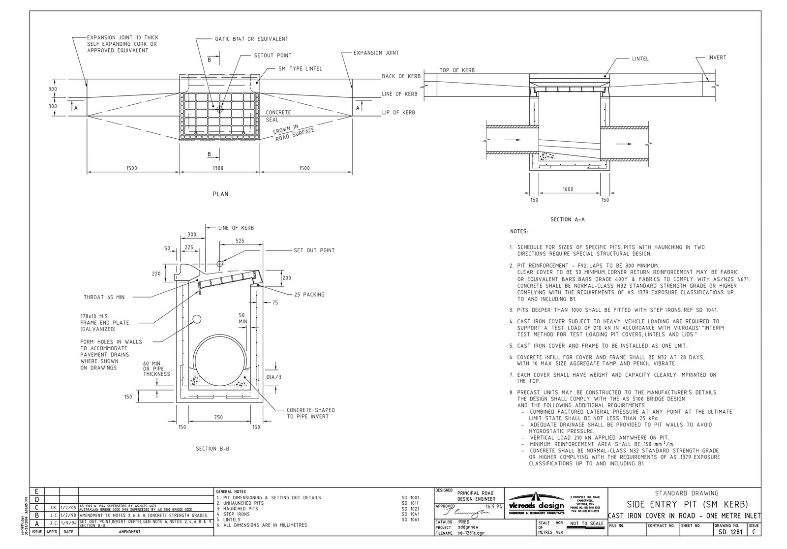 SD-1281 - Side Entry Pit - SM Type Kerb - Cast Iron Cover in Road - 1.
