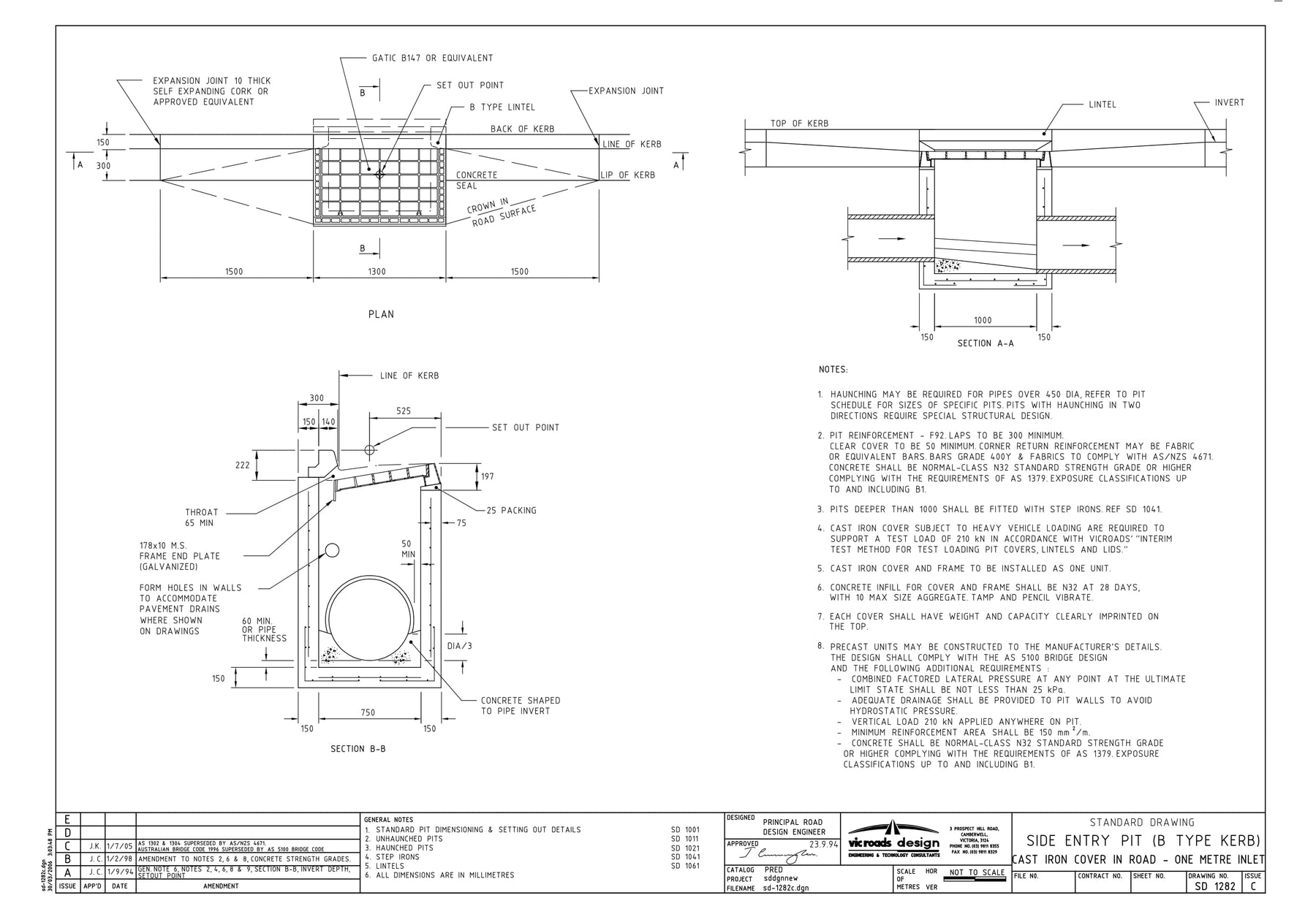 SD-1282 - Side Entry Pit - B Type Kerb - Cast Iron Cover in Road - 1.0