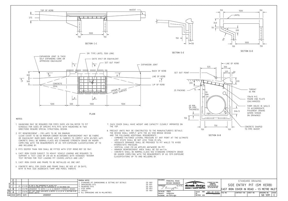 SD1291 - Side Entry Pit - SM Type Kerb - Cast Iron Cover in Road - 1.5