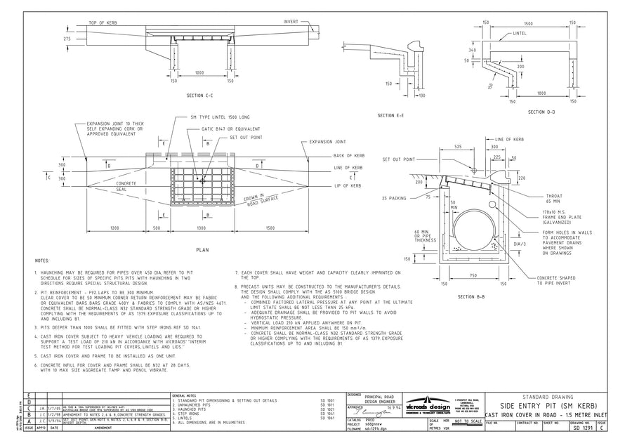 SD-1291 - Side Entry Pit - SM Type Kerb - Cast Iron Cover in Road - 1.