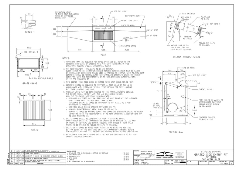 SD-1321 - Grated Side Entry Pit - SM Type Kerb - 1.0m Inlet