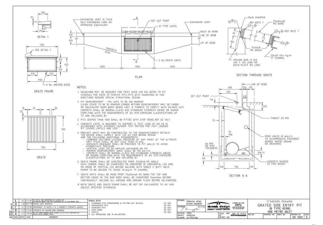 SD-1322 - Grated Side Entry Pit - B Type Kerb - 1.0m Inlet