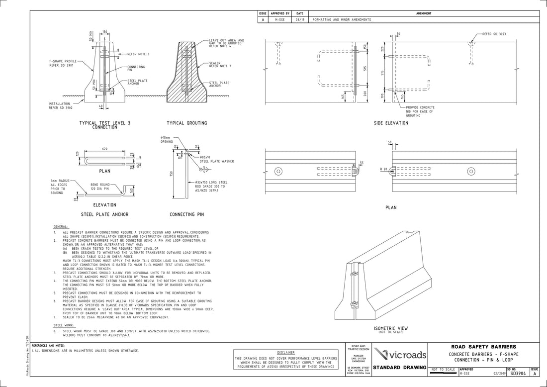 SD-3904 - Concrete Barriers - F-Shape Connection - Pin & Loop