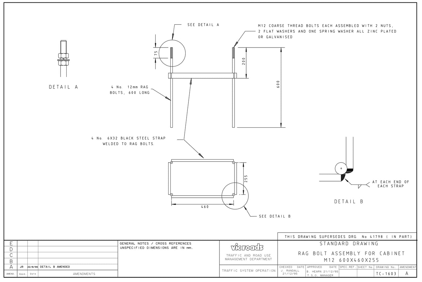 TC-1603 A Rag Bolt Assembly for Cabinet M12 - 600 x 460 x 255mm